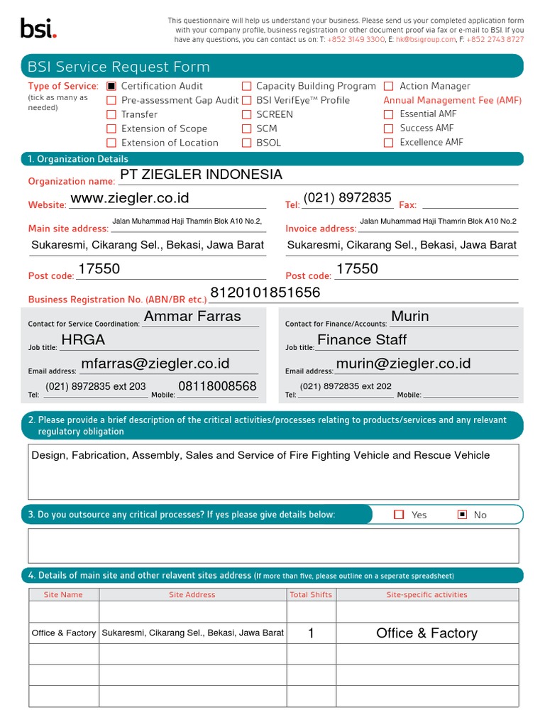 BSI Service Request Form: WWW - Ziegler.co - Id | PDF | Foods | Hazard ...