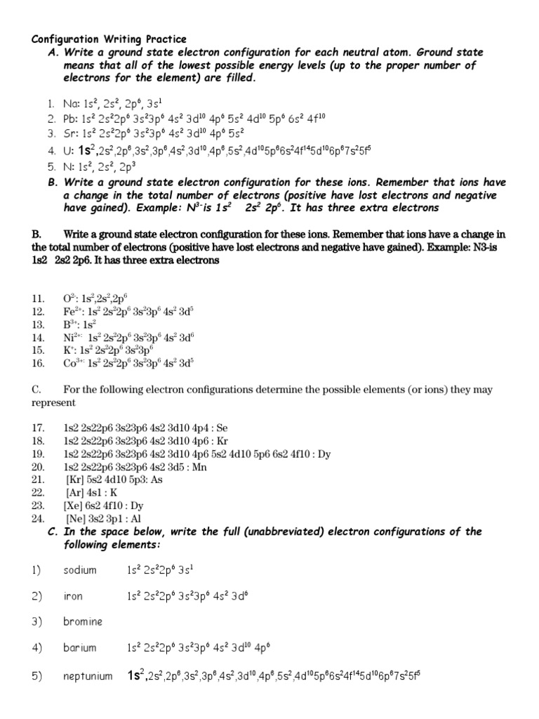 Configuration Writing Practice | PDF | Electron Configuration | Ion