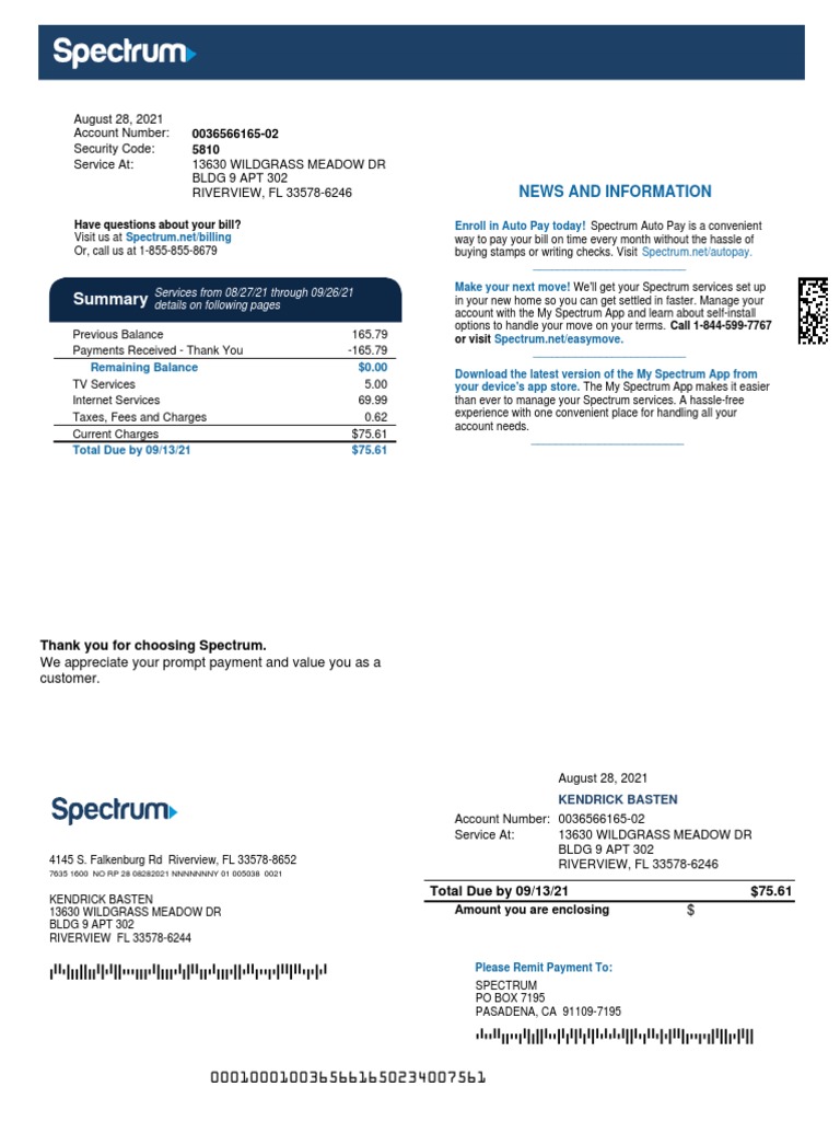 Spectrum Services and Billing Statement for Account Number 0036566165 ...