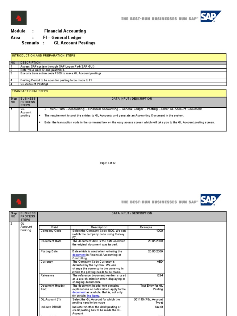 Sap fb50 Tutorial Step by Step GL Account Posting | PDF | Debits And ...