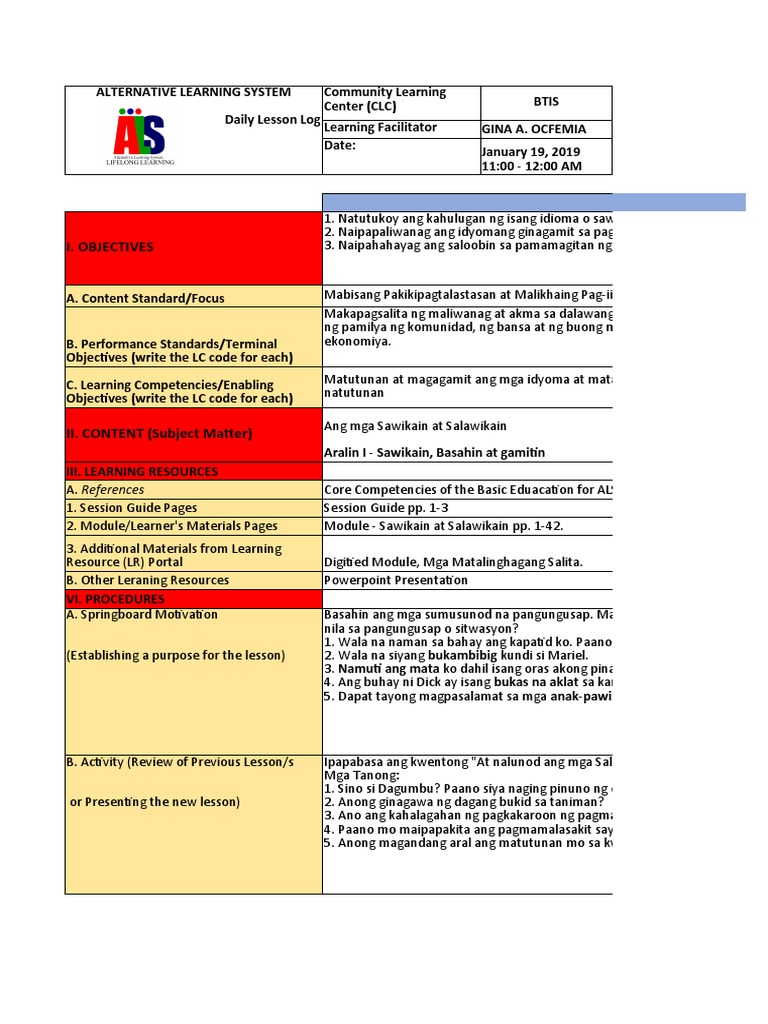 ALS Weekly Lesson Log 2021 | PDF