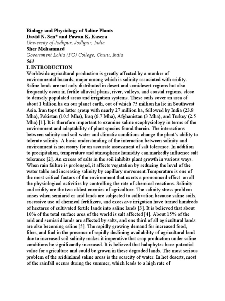 Biology and Physiology of Saline Plants | PDF | Calcium In Biology | Soil