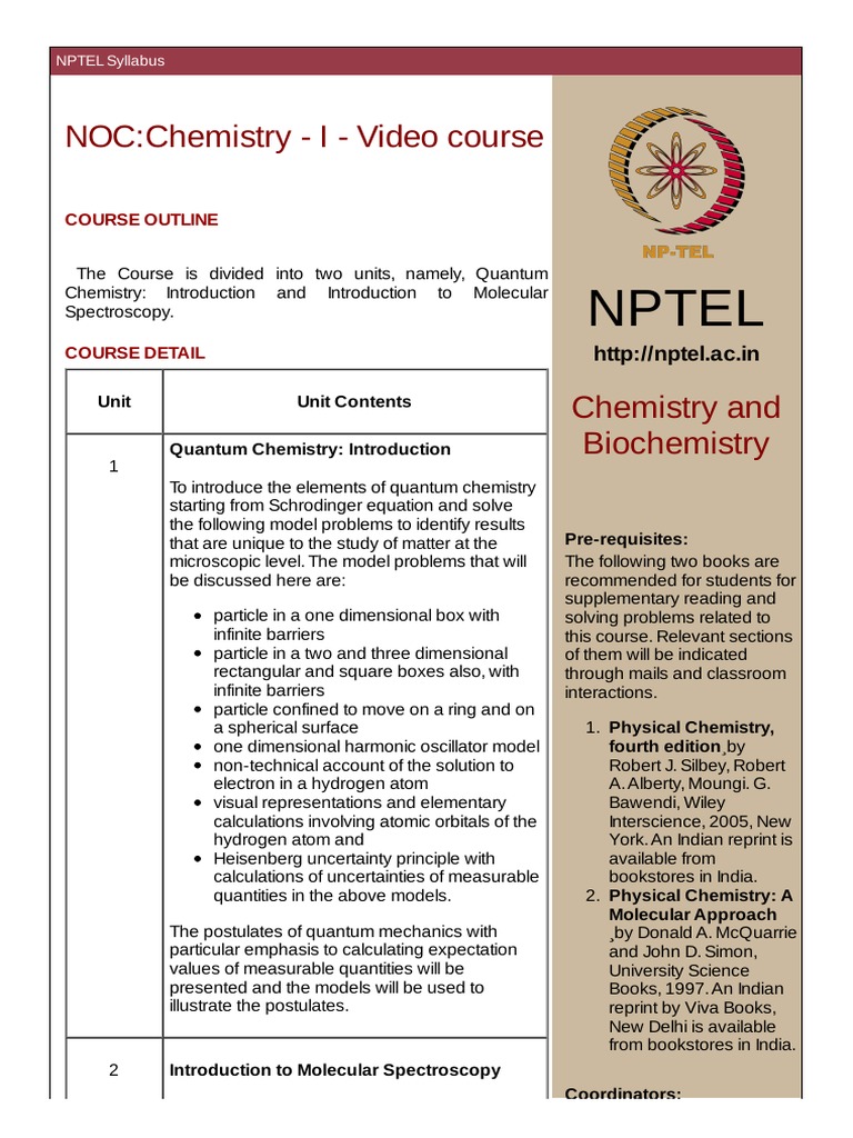 Nptel: NOC:Chemistry - I - Video Course | PDF | Molecules | Emission ...