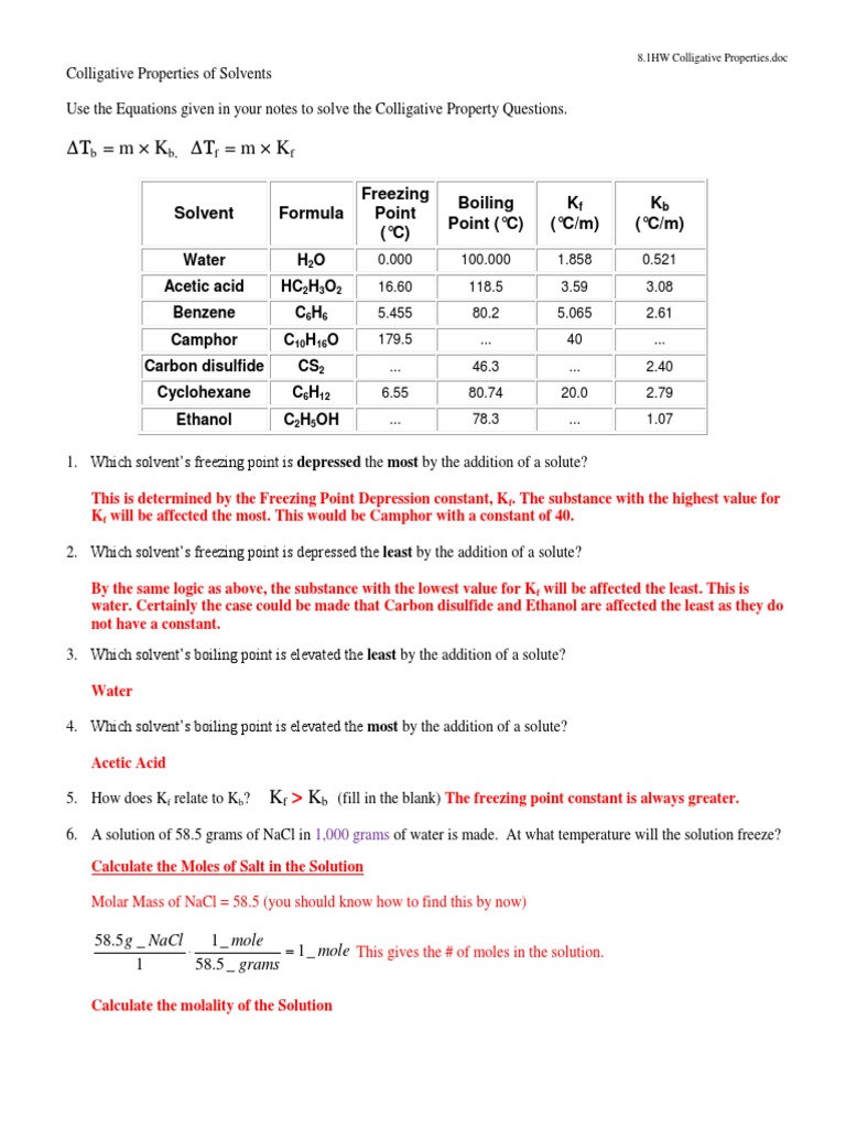 Colligative Properties Worksheet | PDF | Solution | Mole (Unit)