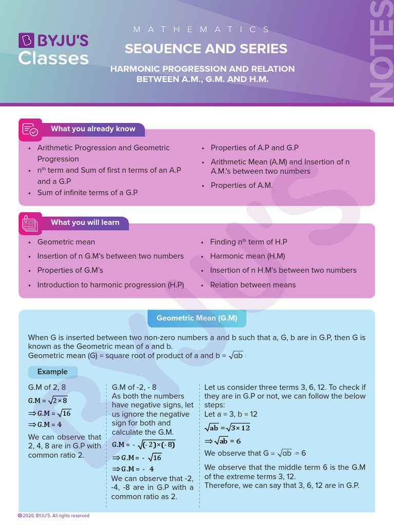 Sequence and Series: Harmonic Progression and Relation Between A.M., G.M. and H.M | PDF | Mean ...