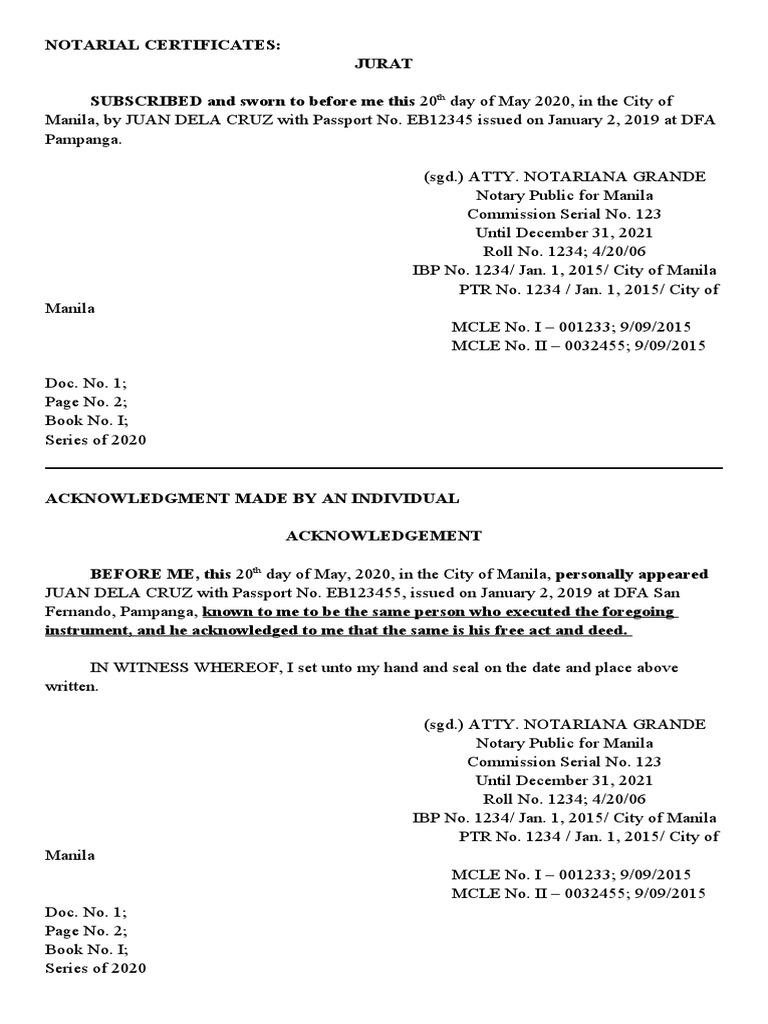 Notarial Certificates: Jurat SUBSCRIBED and Sworn To Before Me This 20 ...