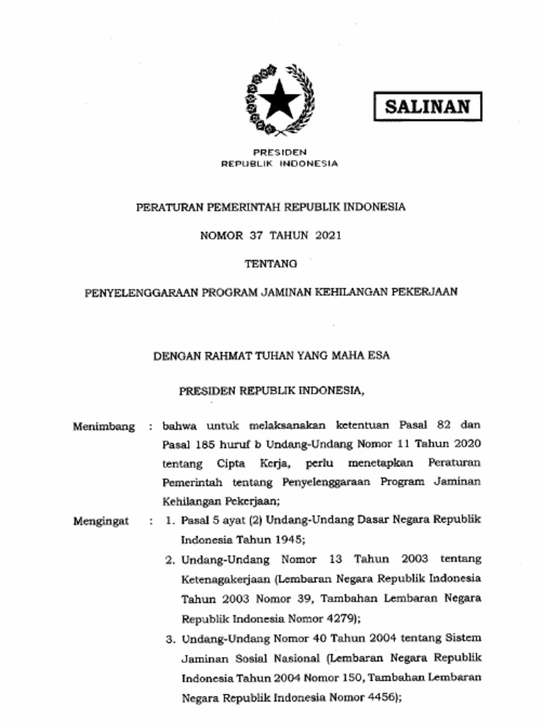 Salinan PP Nomor 37 Tahun 2021 - JKP | PDF