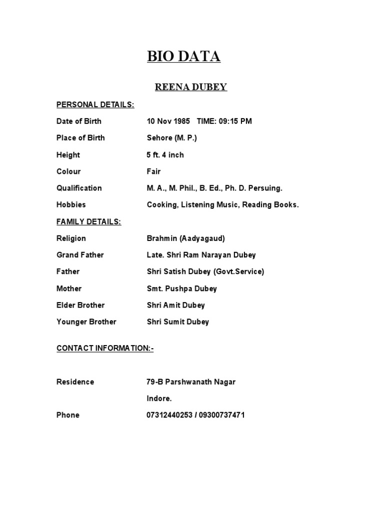 Bio Data of Reena Dubey | PDF