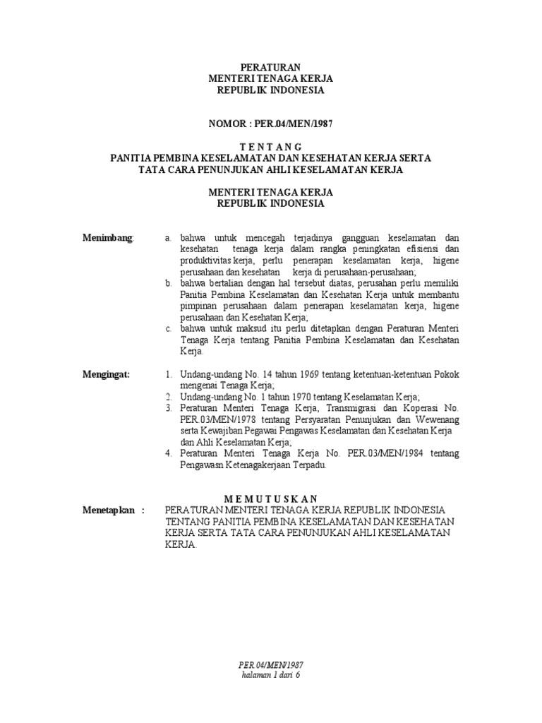 Permenaker No. 4 Tahun 1987 | PDF