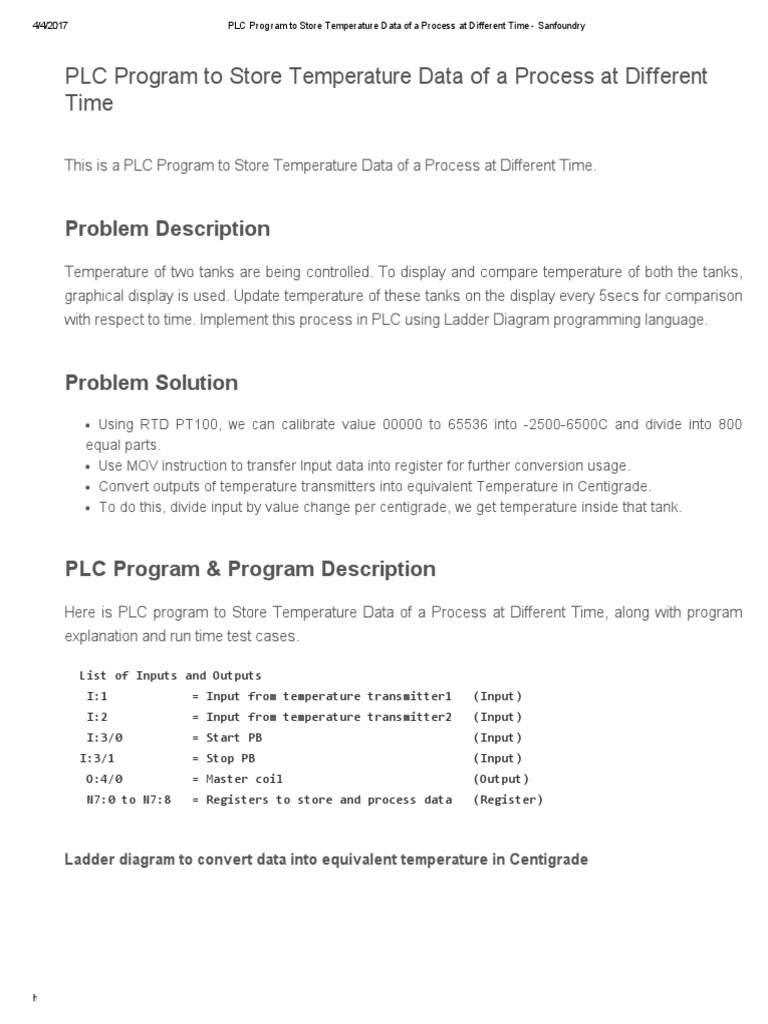 Plc Program To Store Temperature Data Of A Process At Different Time Sanfoundry Pdf