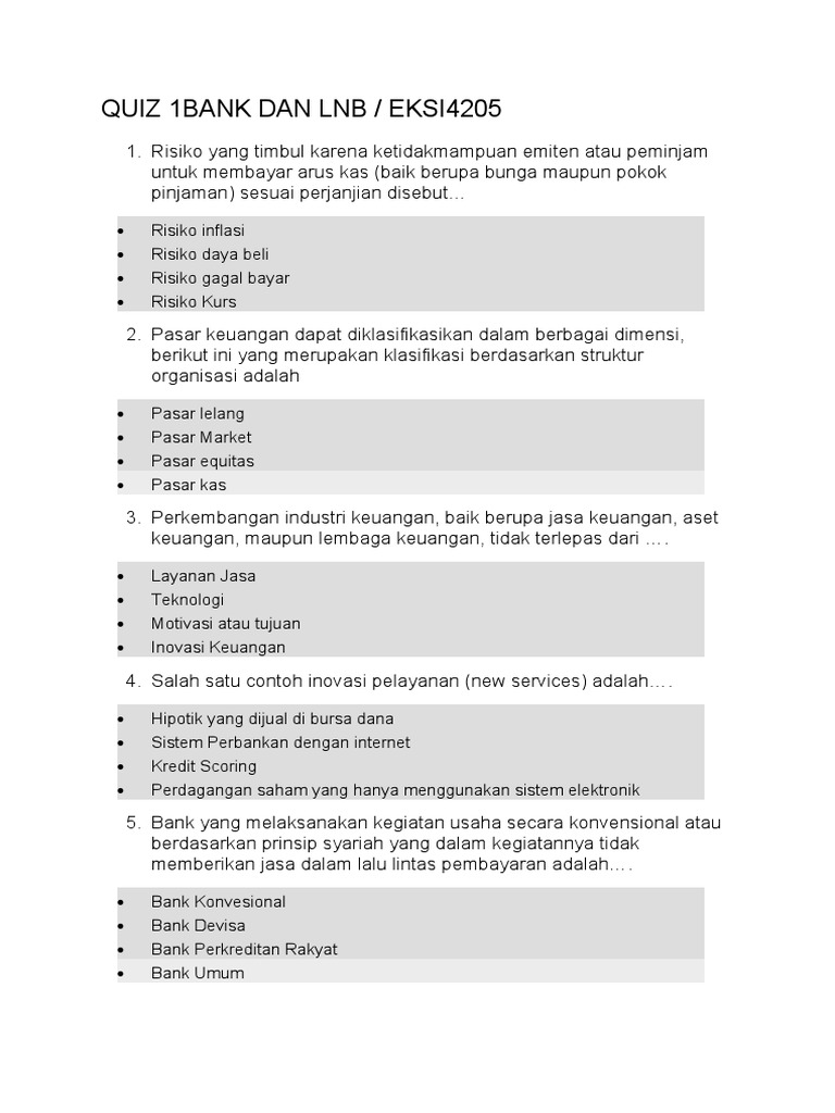 Quiz 1 Bank Dan Lnb-Eksi4205 | PDF