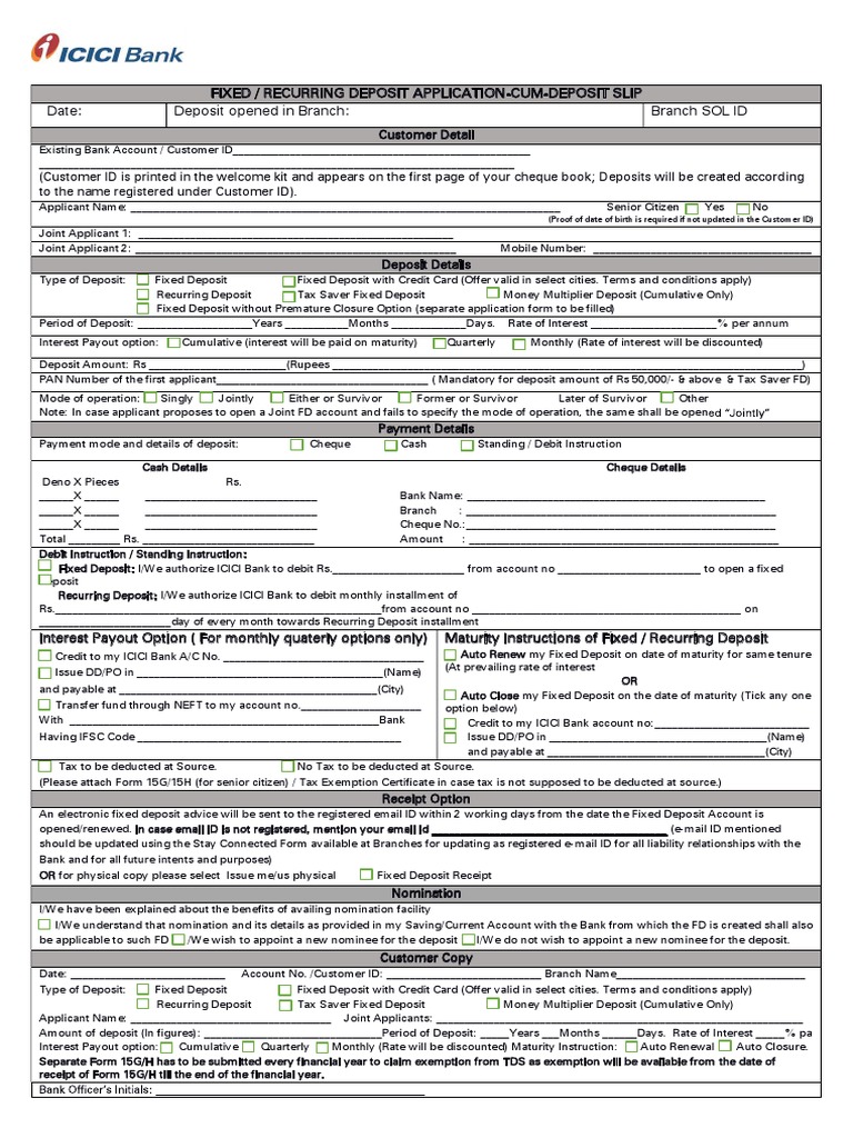 Fixed / Recurring Deposit Application-Cum-Deposit Slip Date: Deposit ...