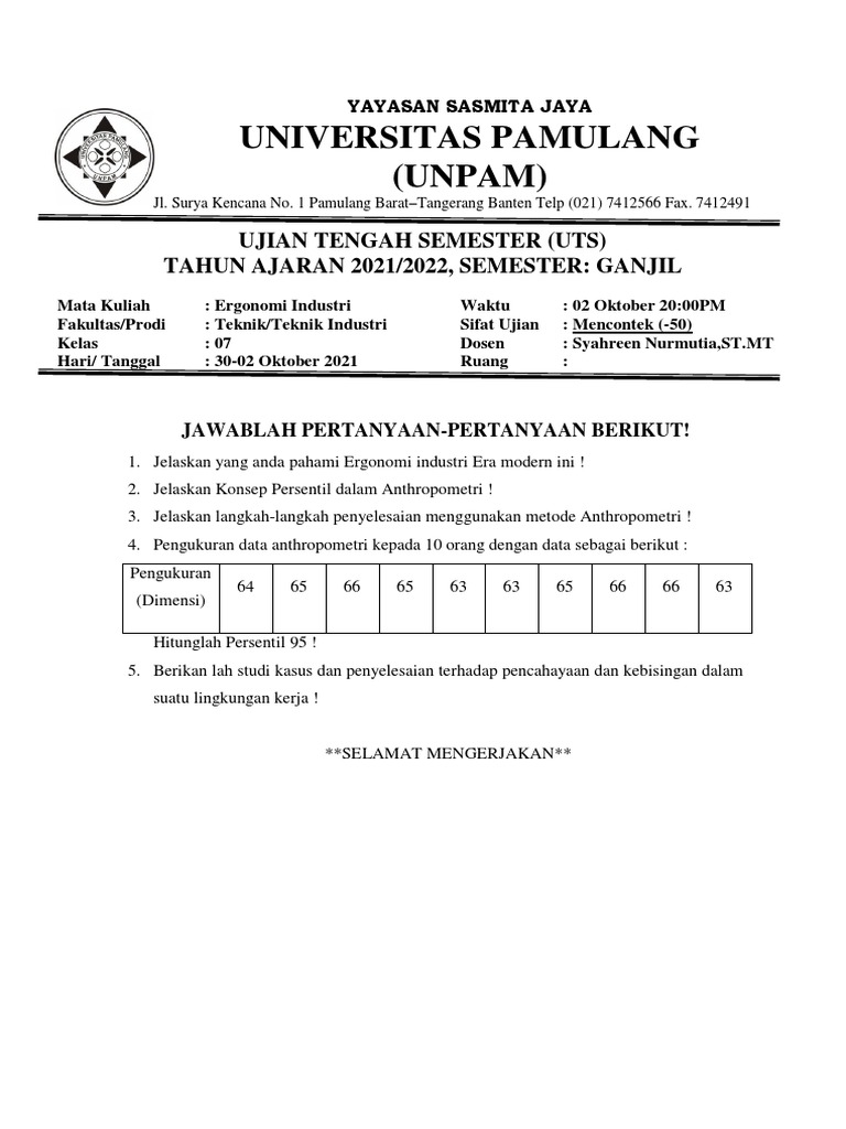 UTS Ergonomi Industri UNPAM 2021/2022 | PDF
