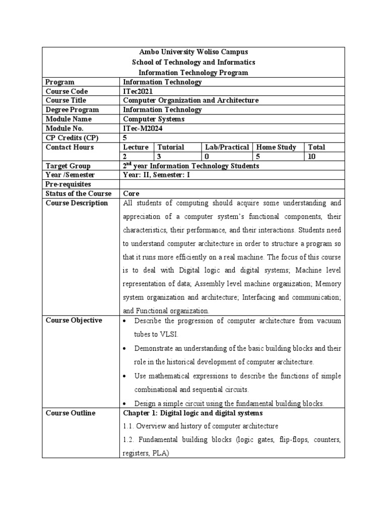 COA - Course Outline | PDF | Computer Data Storage | Digital Electronics