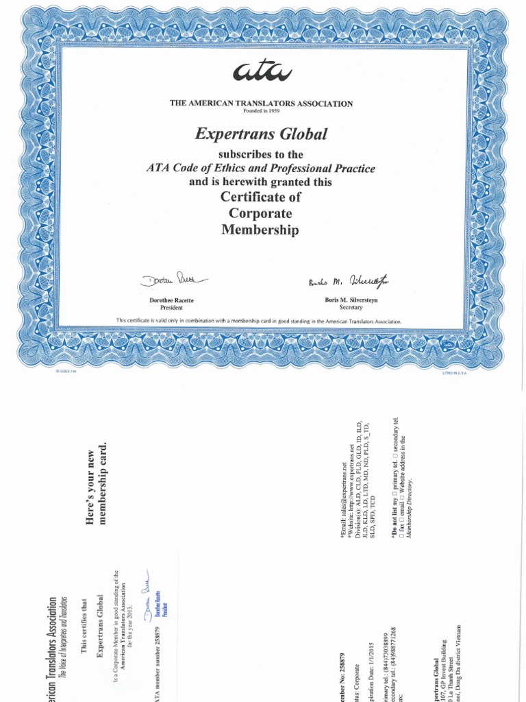 ATA Certificate | PDF