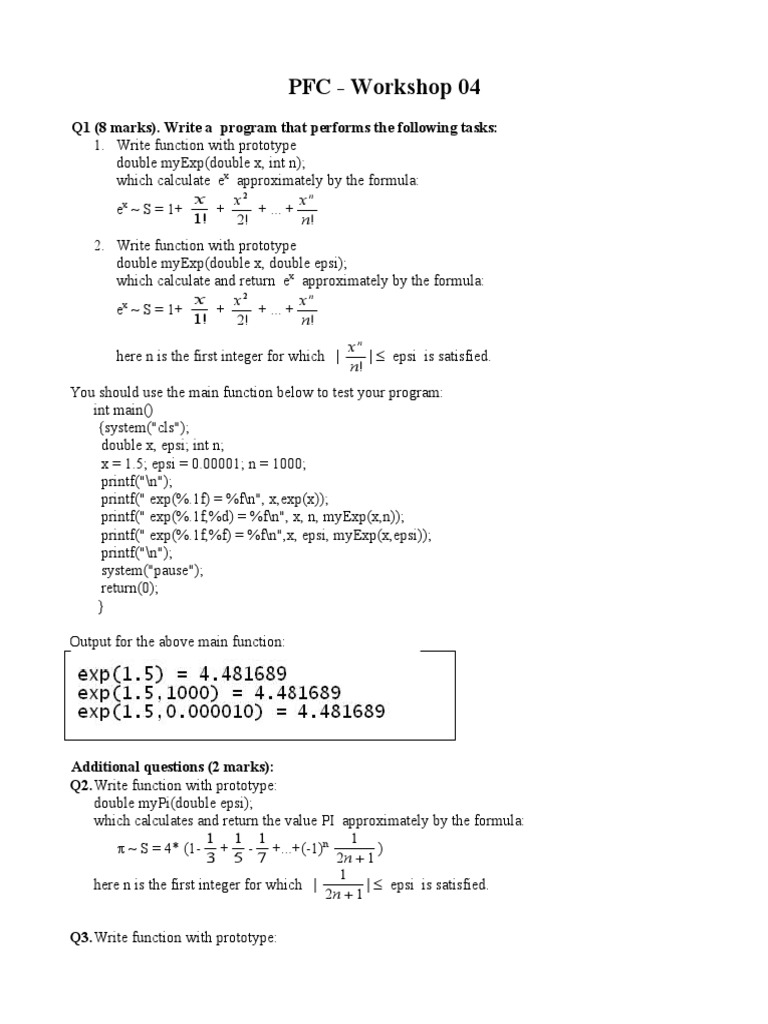 PFC - Workshop 04 Functions for calculating exponential, pi, sine and ...
