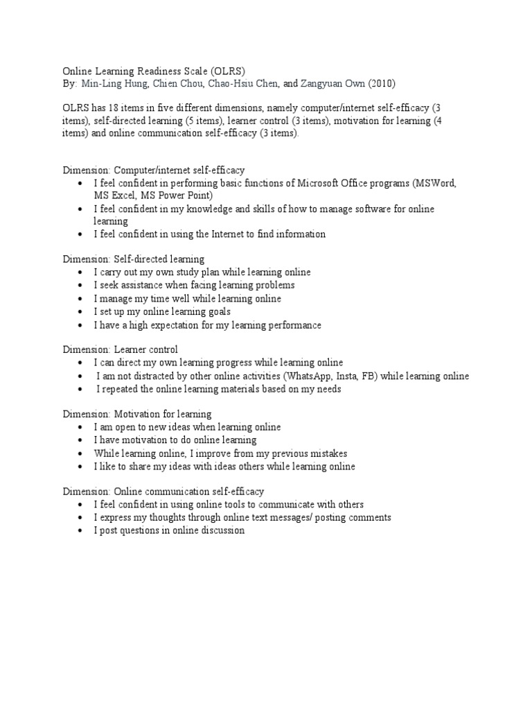 Online Learning Readiness Scale | PDF