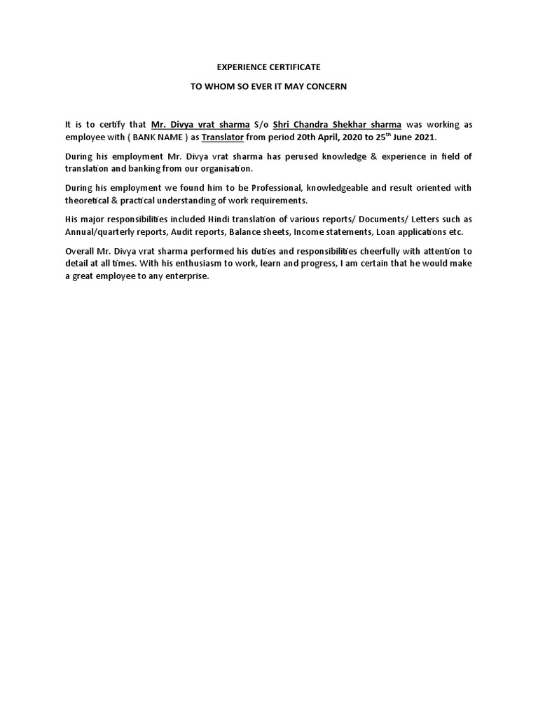 Experience Certificate To Whom So Ever It May Concern | PDF