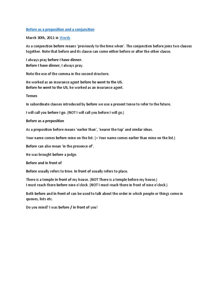 Before As A Preposition and A Conjunction | PDF
