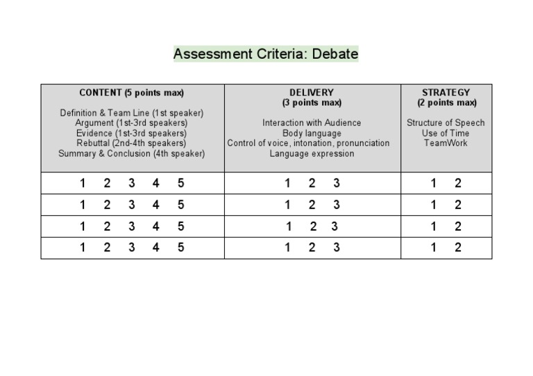 Debate Competition Assessment Criteria | PDF | Career & Growth