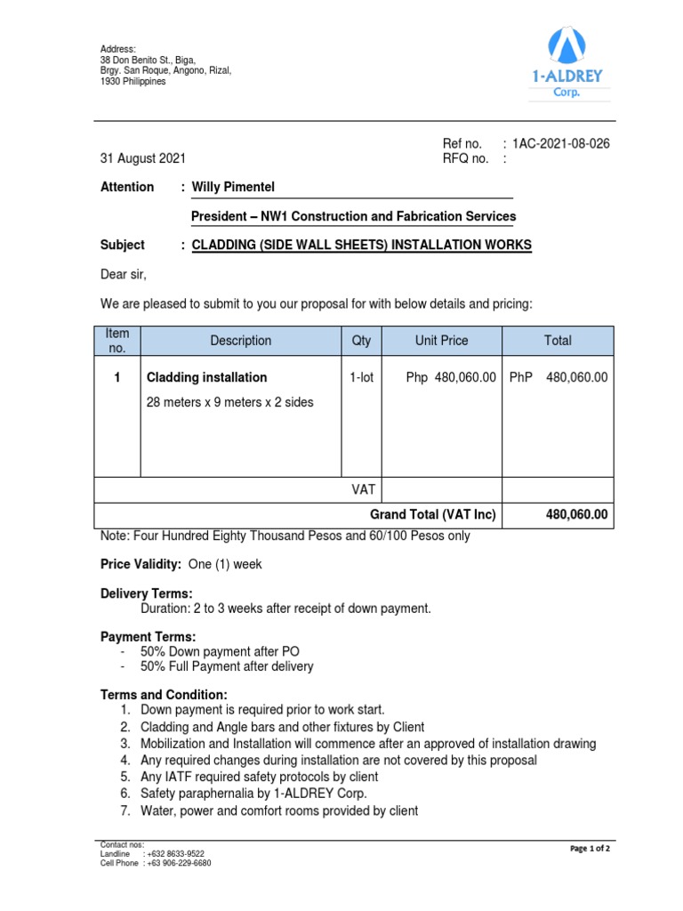 Priced Proposal - Cladding Installation Works | PDF