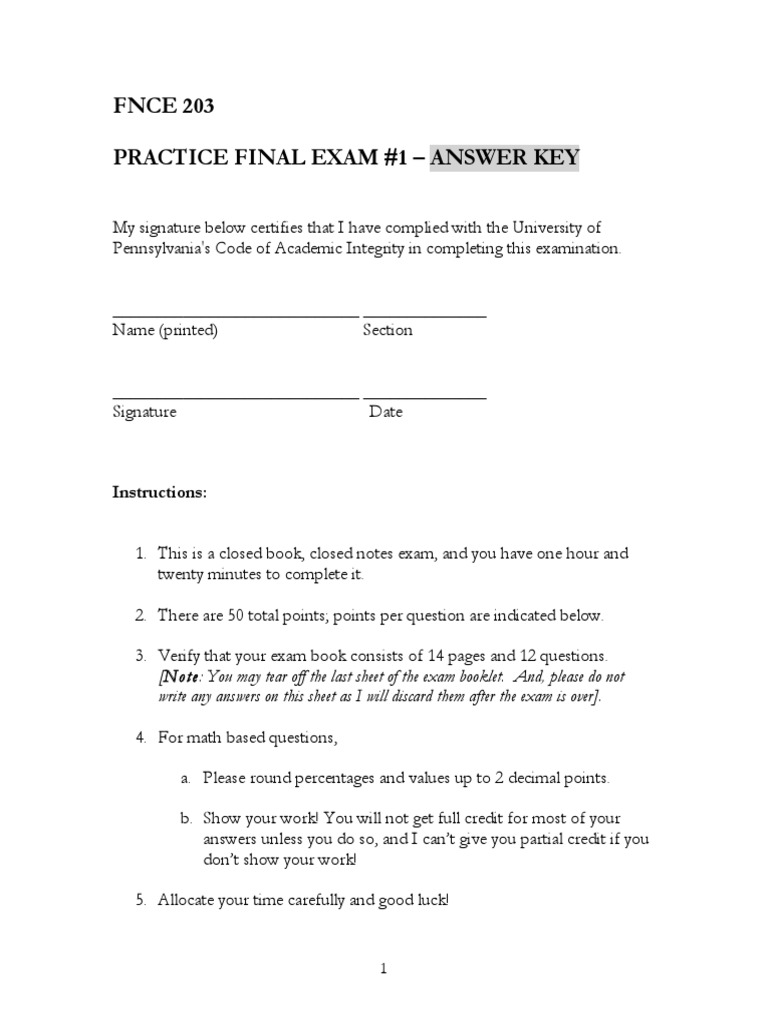 FNCE 203 Practice Final Exam #1 - Answer Key: Instructions | PDF ...