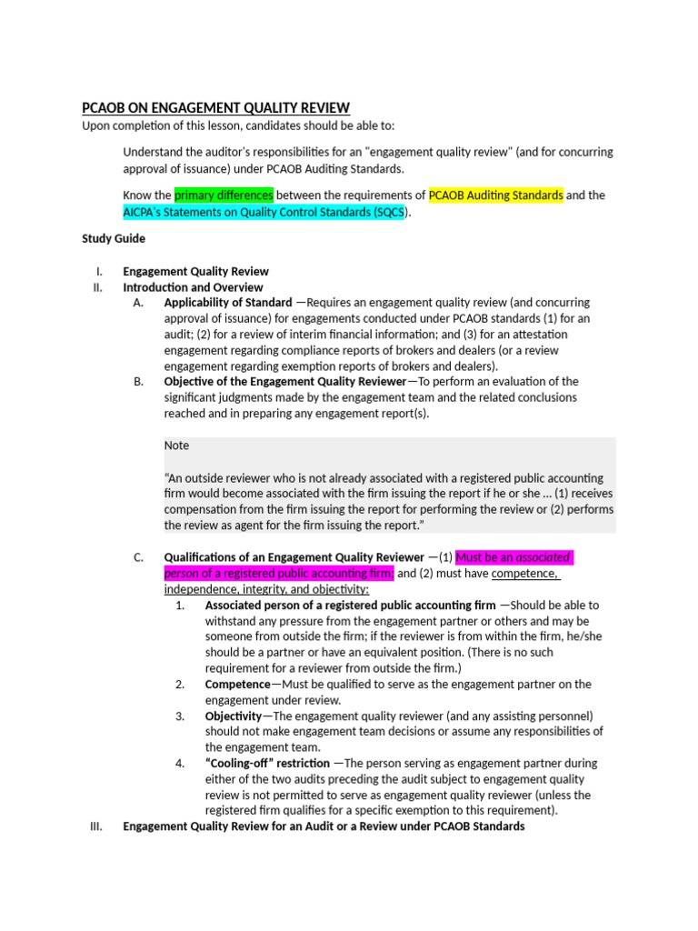 Pcaob On Engagement Quality Review: Person of A Registered Public ...