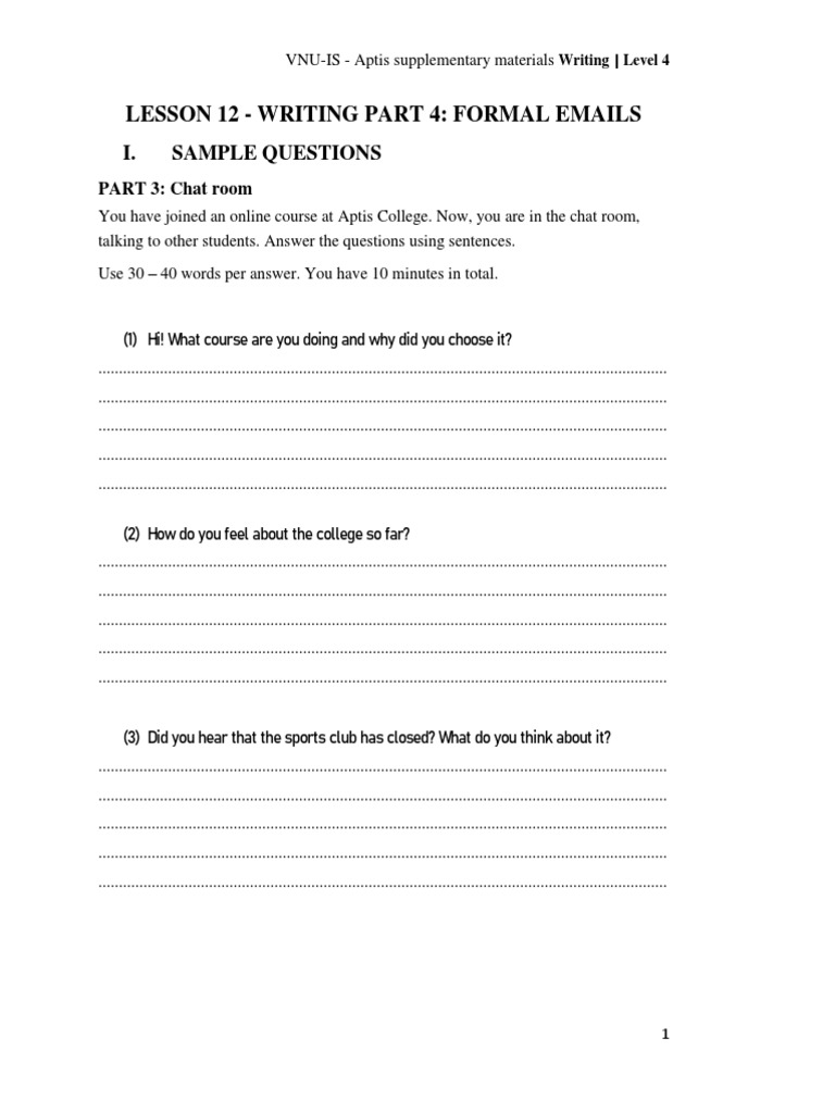 Lesson 12 - Writing Part 4: Formal Emails: I. Sample Questions | PDF ...