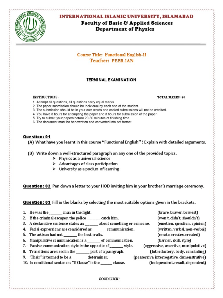 Question-Paper Functional English-II | PDF | Communication | Question