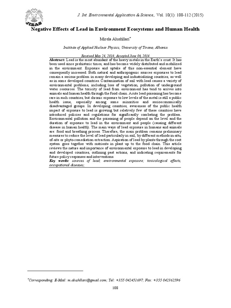 Negative Effects of Lead in Environment Ecosystems and Human Health ...