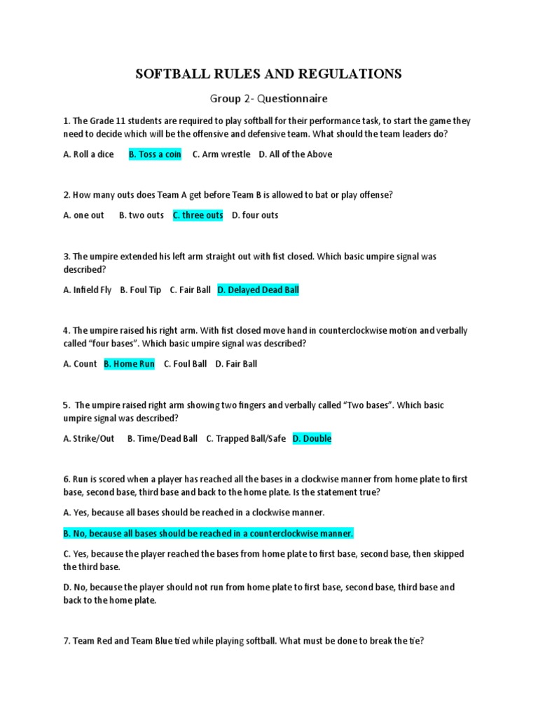 Questionnaire (SOFTBALL RULES AND REGULATIONS) | PDF | Softball ...