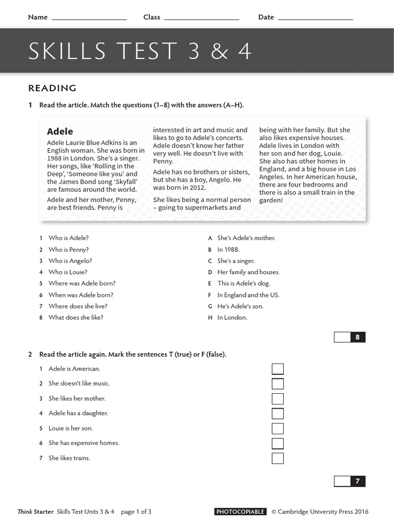 Think Starter Skills Test Units 3-4 | PDF | Adele