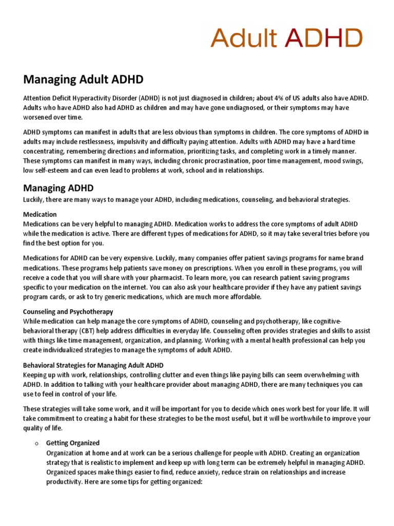 Adhd19 Patient Handout | PDF | Attention Deficit Hyperactivity Disorder ...