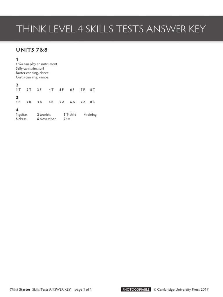 Think Starter Skills Test Key Units 7&8 | PDF