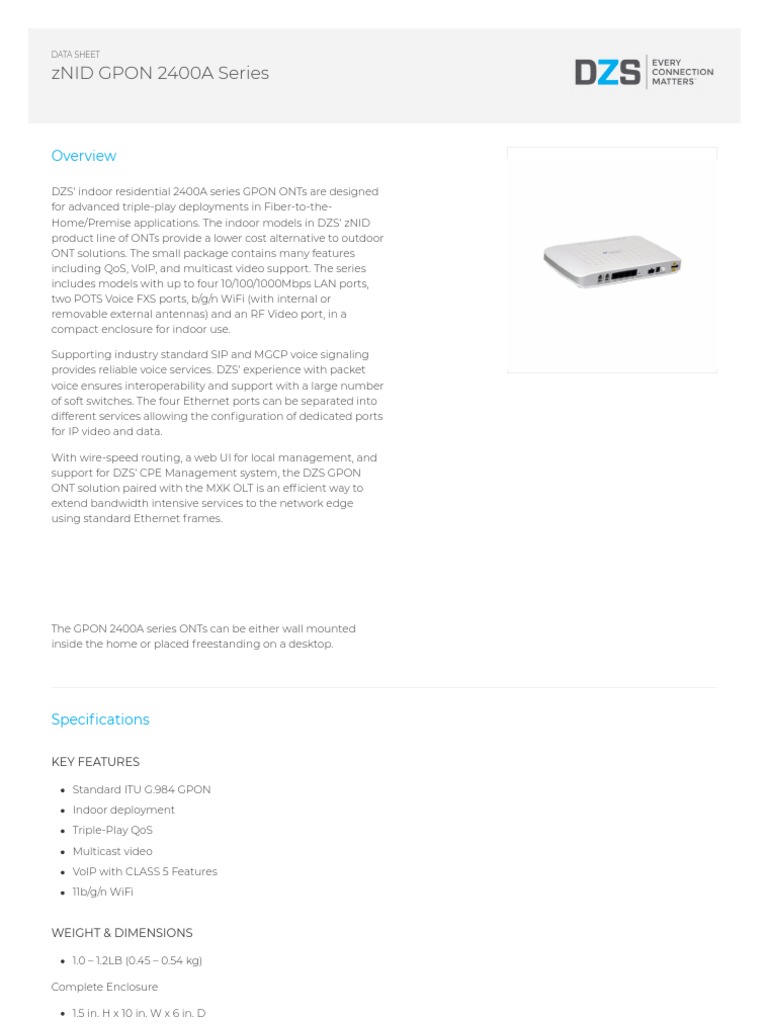 zNID GPON 2400A Series: Data Sheet | Download Free PDF | Voice Over Ip ...