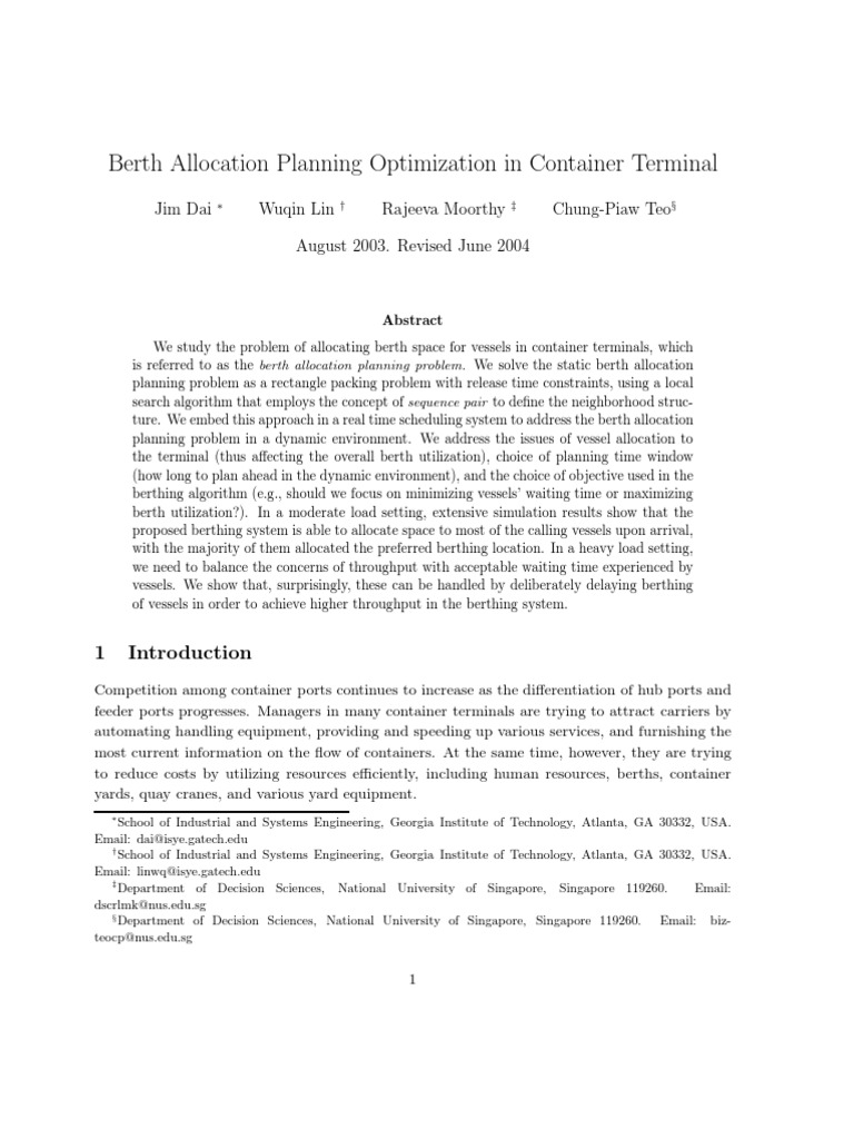 Berth Planning July 2004 | PDF | Scheduling (Computing) | Mathematical ...