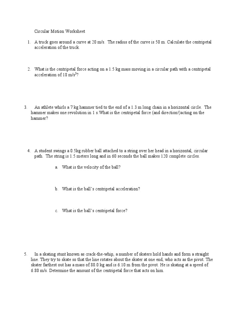 Centripetal Force & Circular Motion Worksheet | PDF | Acceleration ...