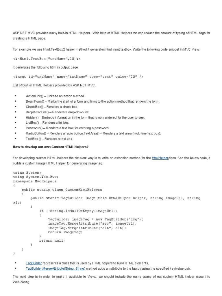 Creating Custom HTML Helpers in ASP - NET MVC | PDF | Html | Html Element