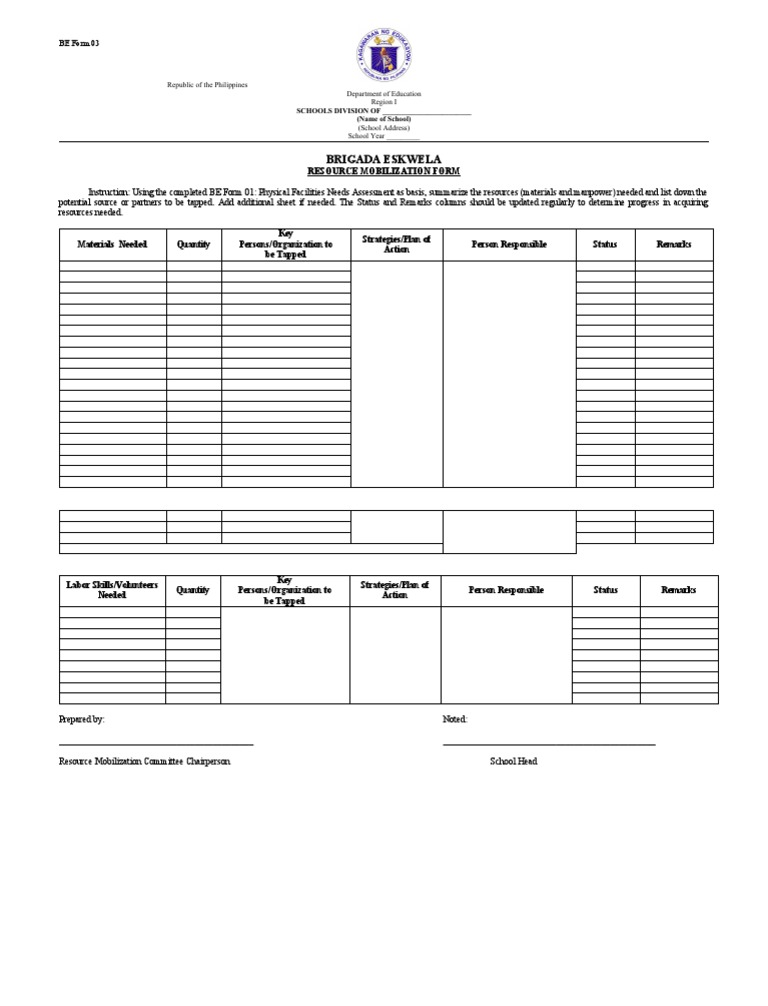 Be Form 3 Resource Mobilization Form 1 | PDF