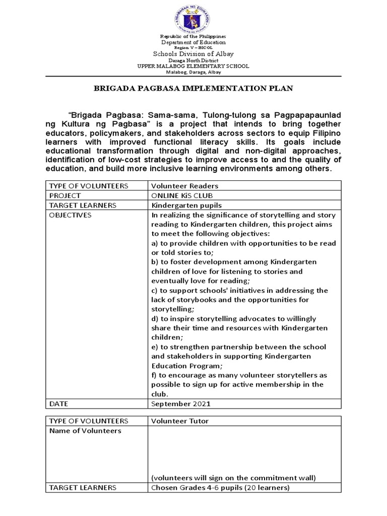 Brigada Pagbasa Implementation Plan: Schools Division of Albay | Download Free PDF ...