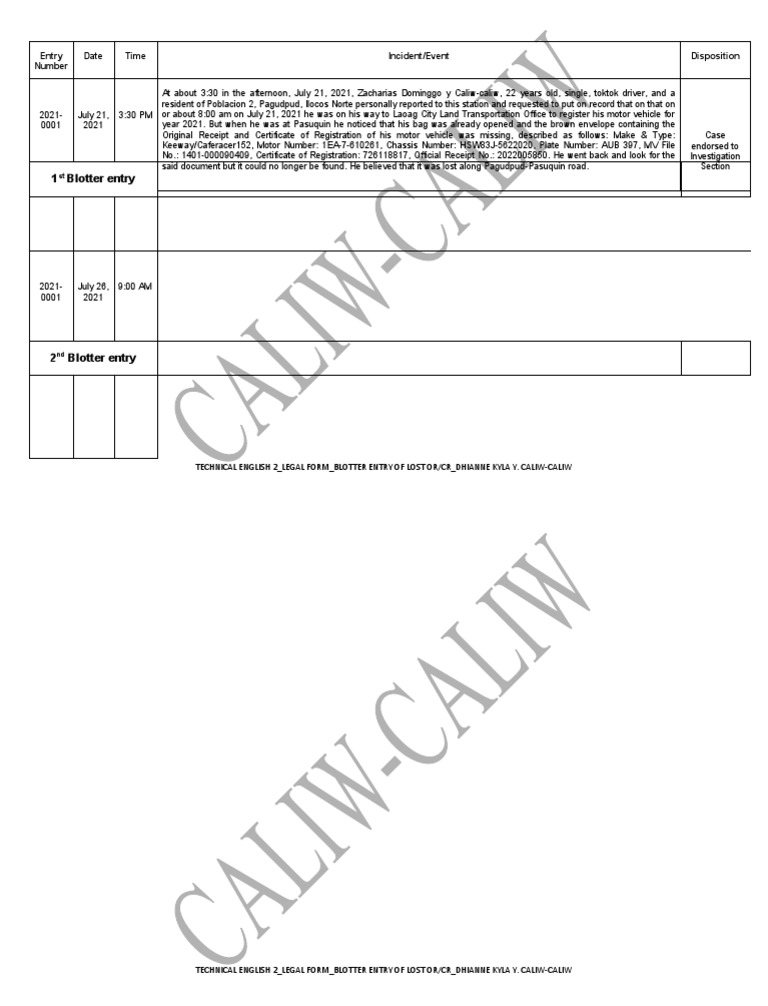 1 Blotter Entry: Entry Number Date Time Incident/Event Disposition | PDF