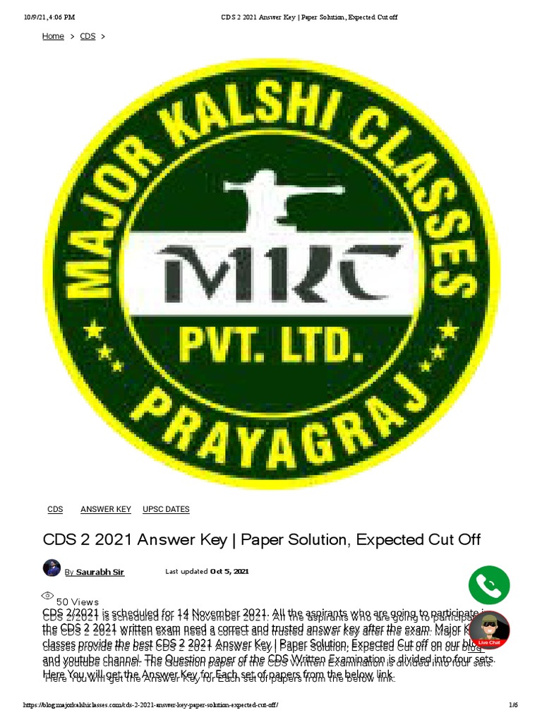 CDS 2 Answer Key 2021 by Major Kalshi Classes - Expected Cut-Off | PDF ...