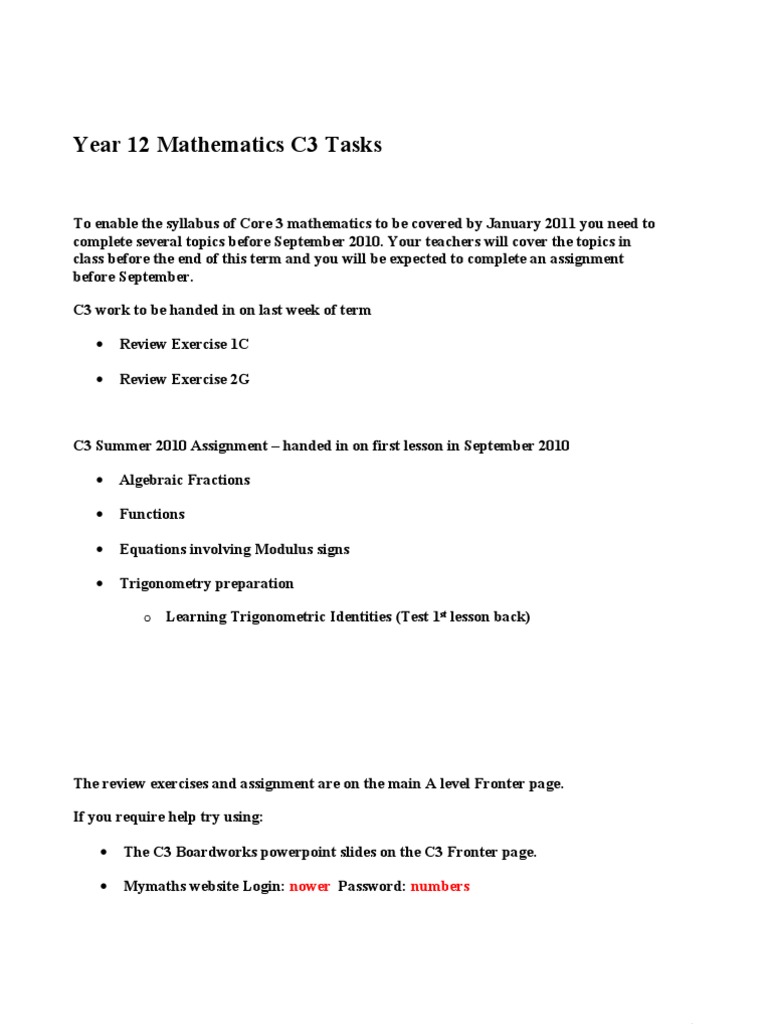 C3 Algebra and Functions Assignment | PDF | Cartesian Coordinate System ...