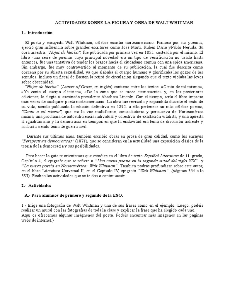 Walt Whitman. ACTIVIDADES | PDF | Hojas de hierva