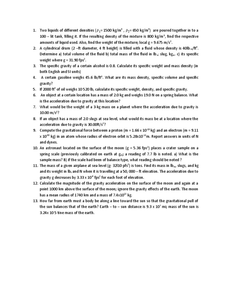 Thermodynamic Properties Problem Set | PDF | Weight | Mass