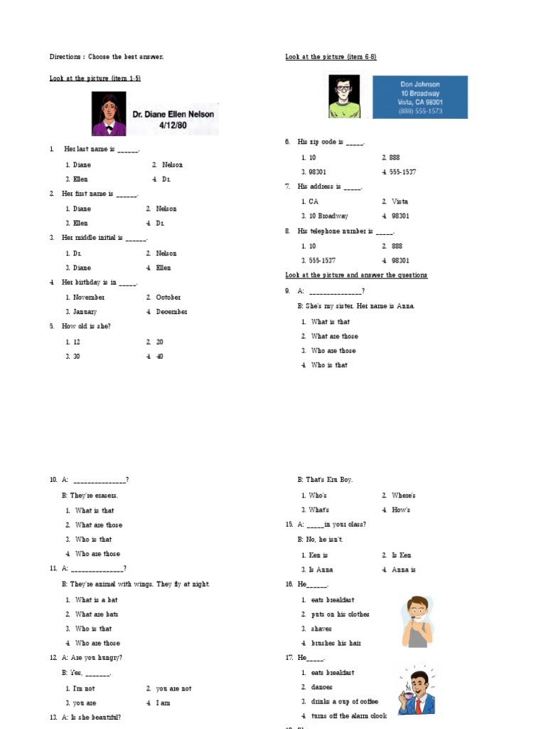 Picture-Based English Quiz Questions | PDF | Language Arts & Discipline ...