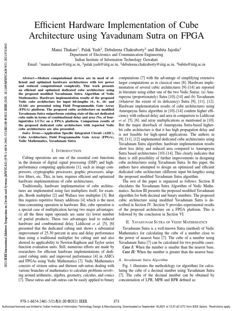 Efficient Hardware Implementation of Cube Architecture Using Yavadunam Sutra On FPGA | PDF ...