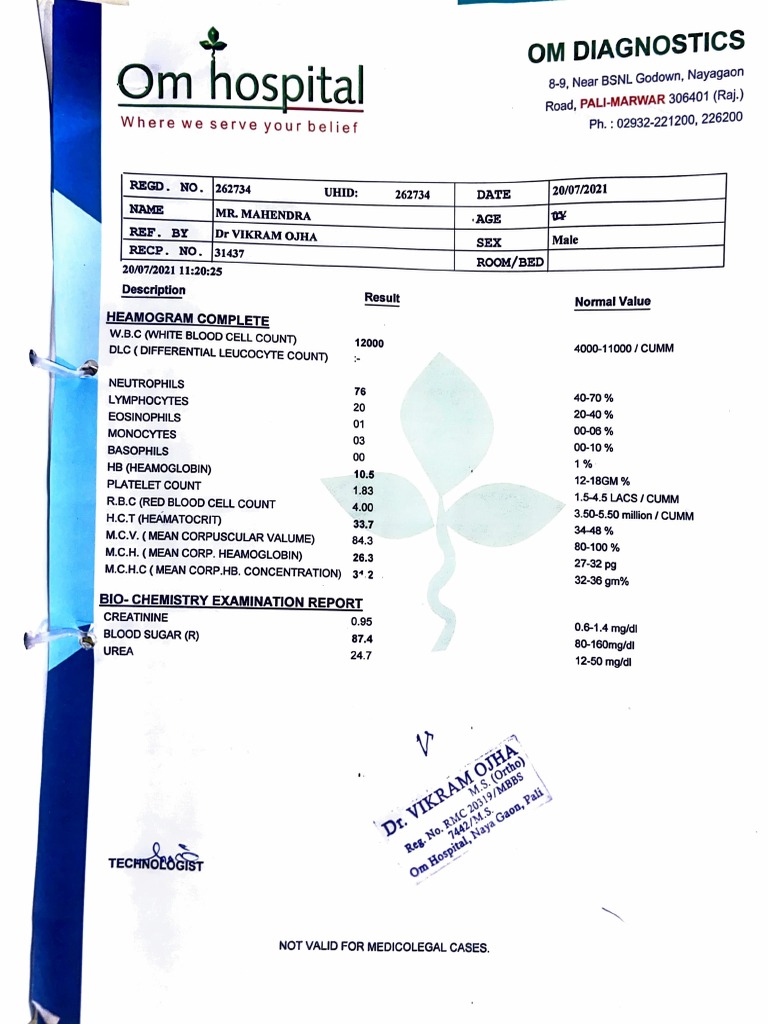 Om Hospital-Investigation Report | PDF | White Blood Cell | Medicine