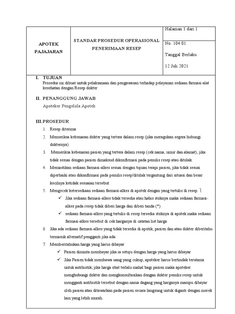 Standarisasi Prosedur Penerimaan Resep Di Apotek Pdf