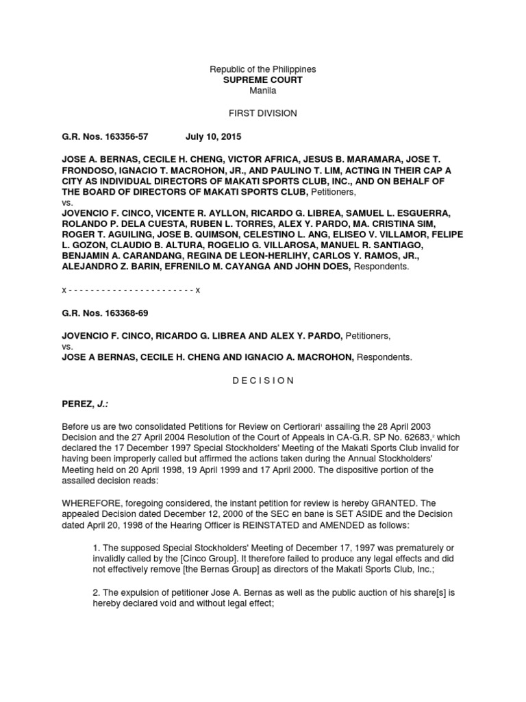 Jose A. Bernas, Et. Al. vs. Jovencio F. Cinco, Et. Al., G.R. No. 163356 ...